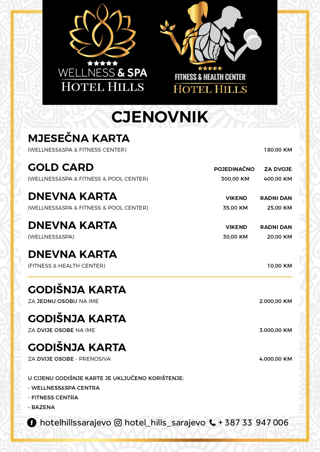 Wellness & spa price list – Hotel Hills Sarajevo